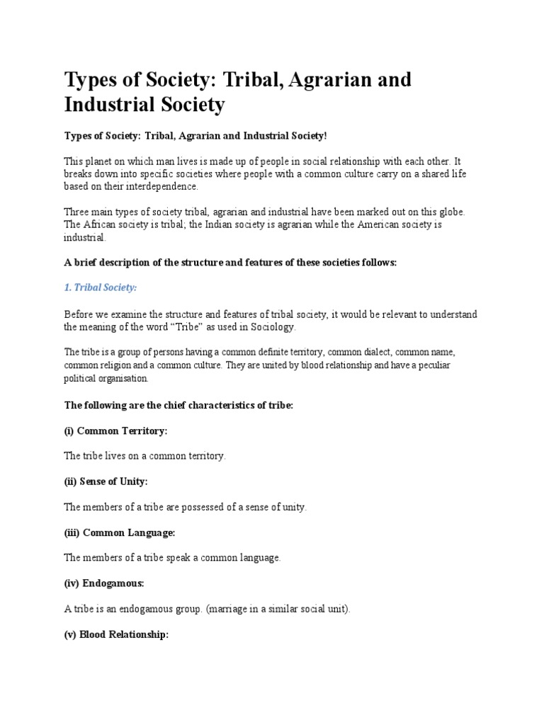 Types of Society: Tribal, Agrarian and Industrial Society | PDF ...