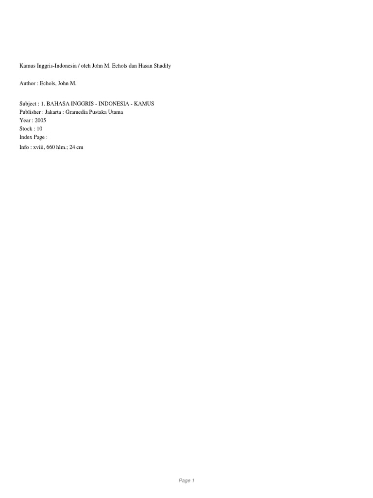 Kamus Inggris-Indonesia / Oleh John M. Echols Dan Hasan Shadily | PDF