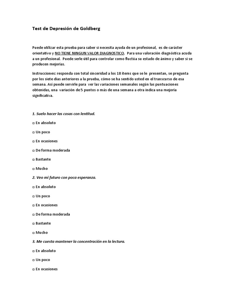 Test de Depresión de Goldberg | PDF | Depresión (estado de ánimo ...