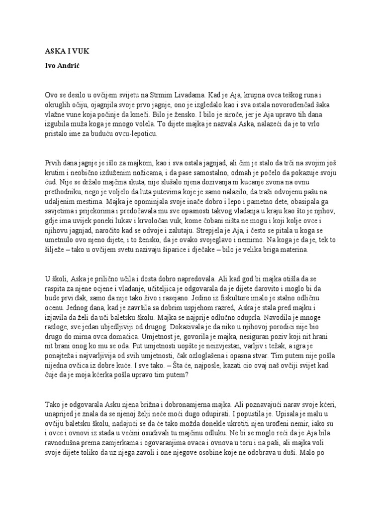 Pripovjetka Aska I Vuk - Ivo Andrić - Interaktivno | PDF