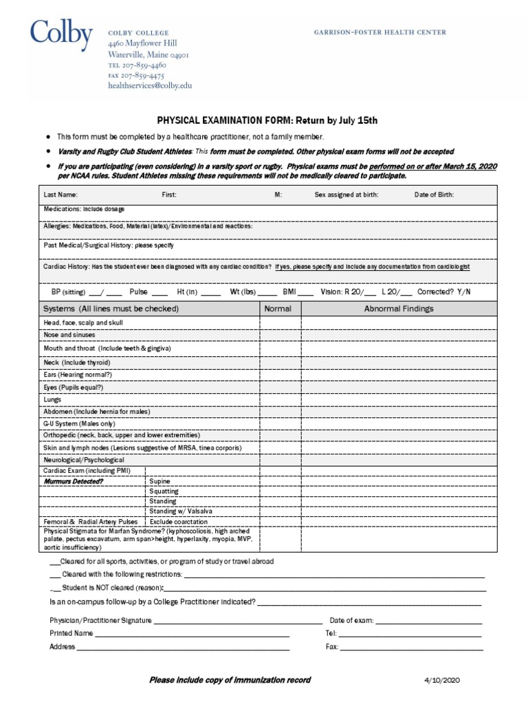 Physical Examination Form: Return by July 15Th:: This | PDF | Pulse ...