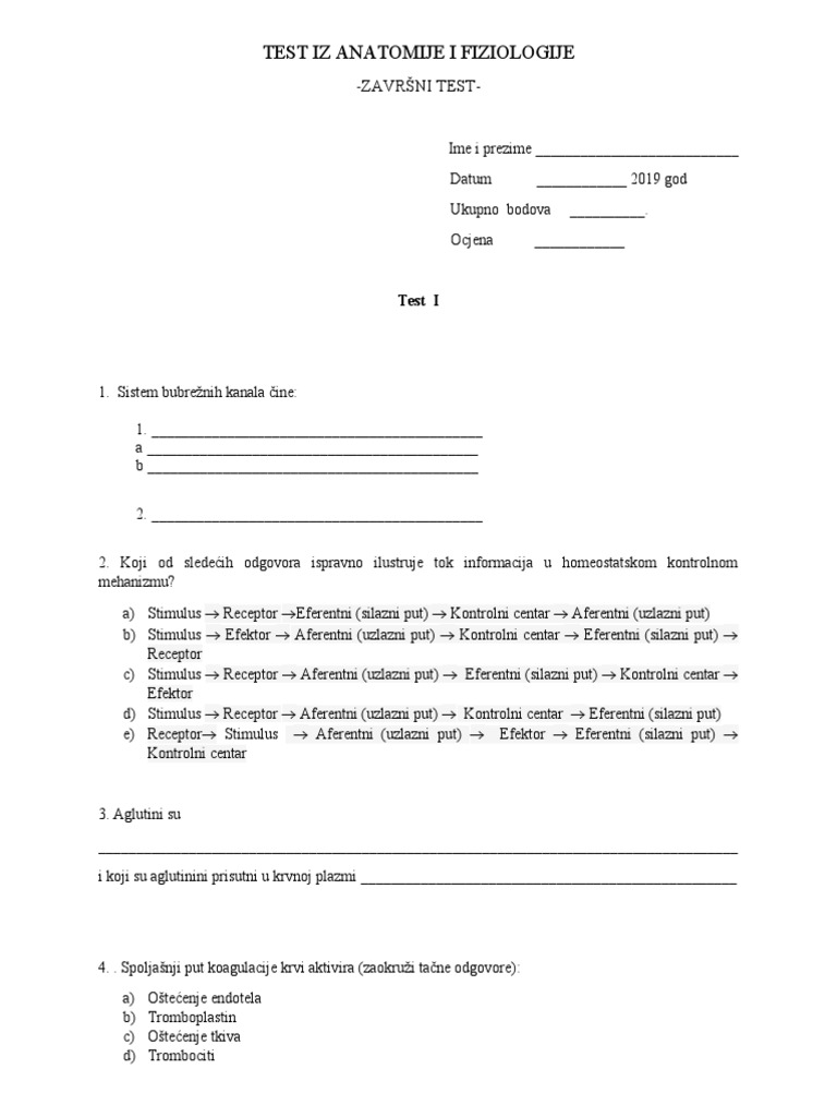 Test 1 Anatomija | PDF