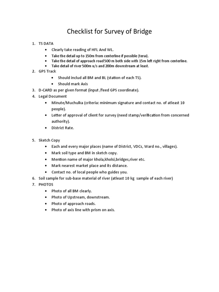 Bridge Survey Checklist Guide | PDF