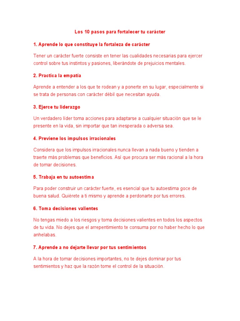 Los 10 Pasos para Fortalecer Tu Carácter | PDF