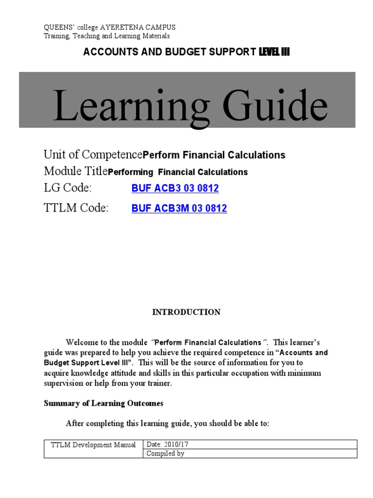 Learning Guide Learning Guide: Unit of Competence Module Title LG Code: TTLM Code | PDF | Equity ...