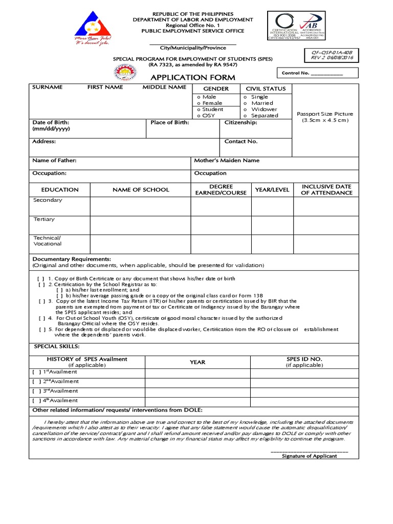 SPES Application Form PDF | PDF | Unemployment Benefits | Birth Certificate