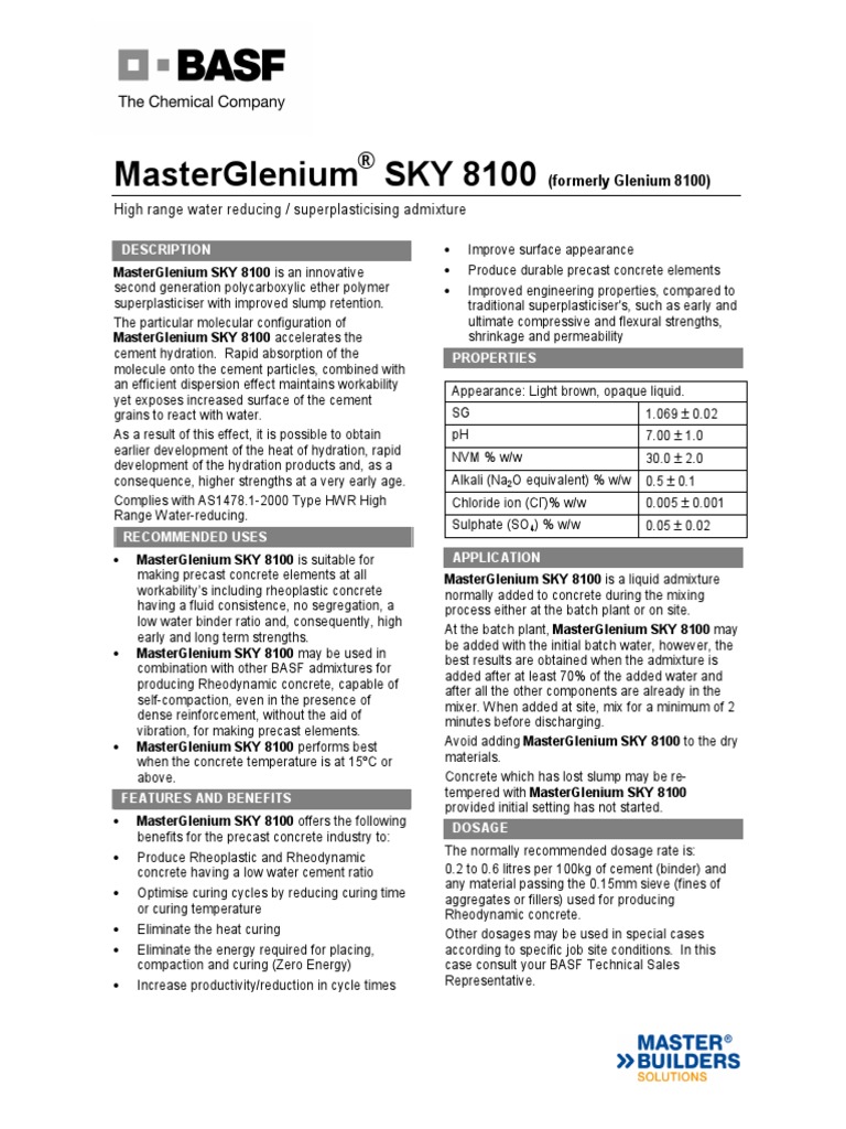 Basf Masterglenium Sky 8100 Tds | Download Free PDF | Concrete | Chemical Substances