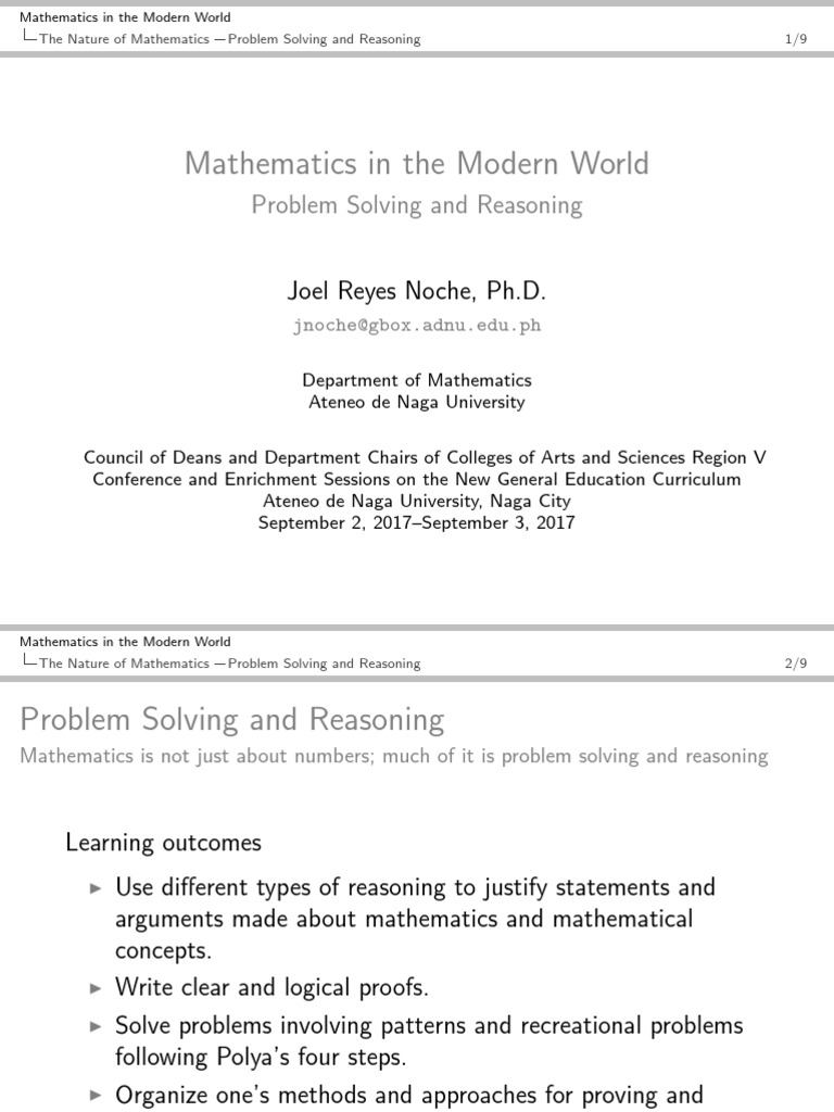 Mathematics in The Modern World: Problem Solving and Reasoning | PDF | Teaching Mathematics | Reason