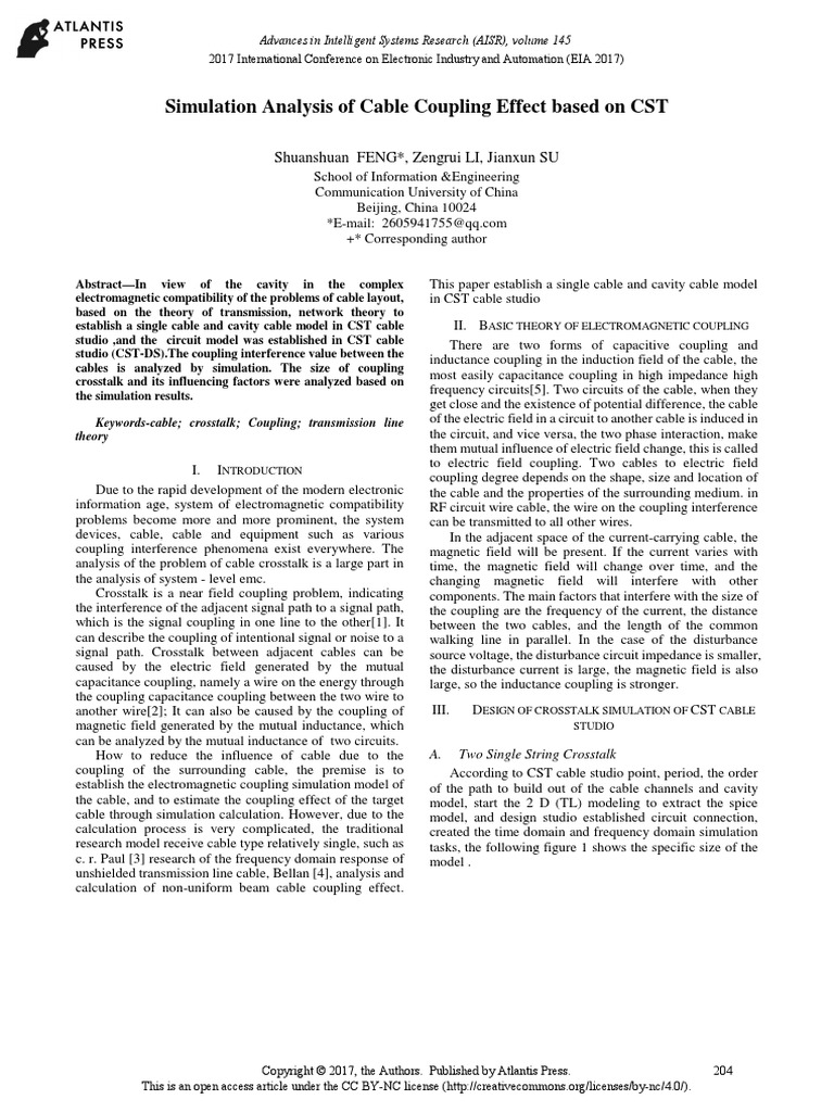 Simulation Analysis of Cable Coupling Effect Based On CST | PDF ...