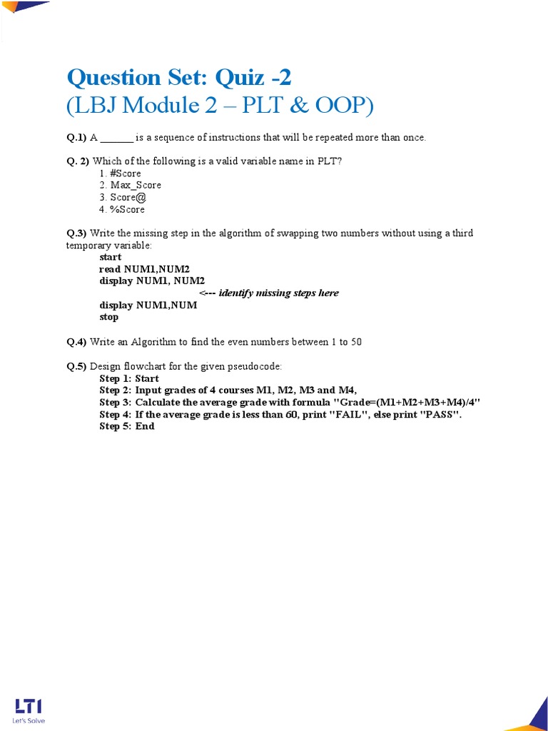 Quiz Question Set-2 (LBJ - PLT & OOP) | PDF