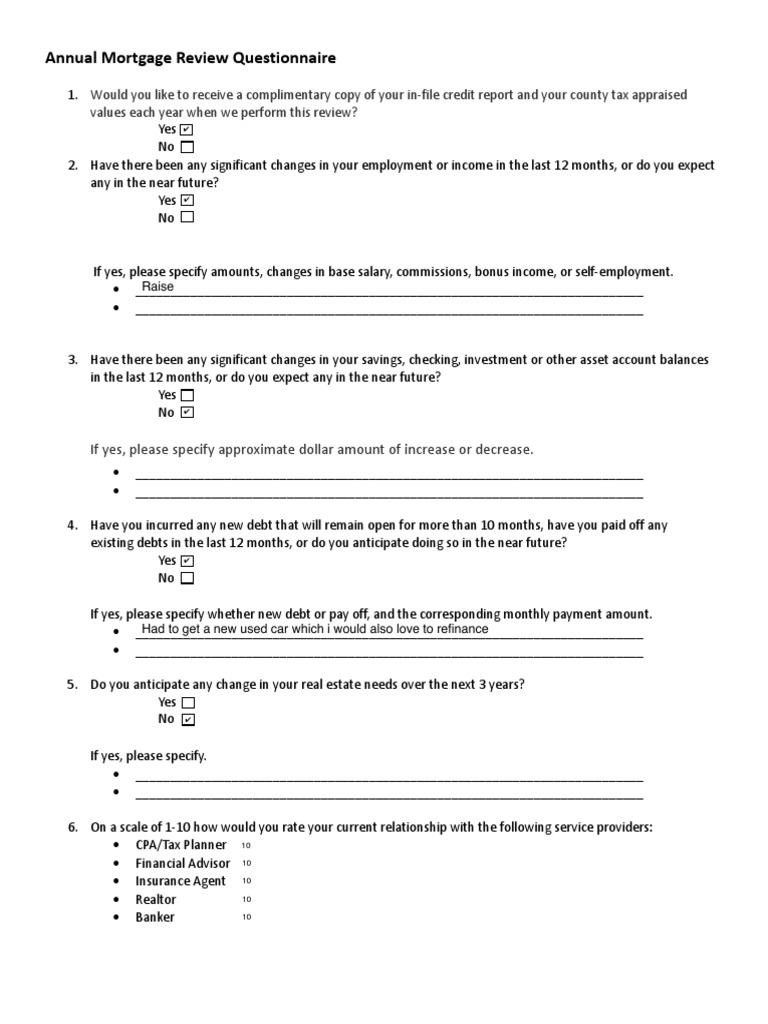 Annual Mortgage Review Questionnaire | PDF | Debt | Refinancing