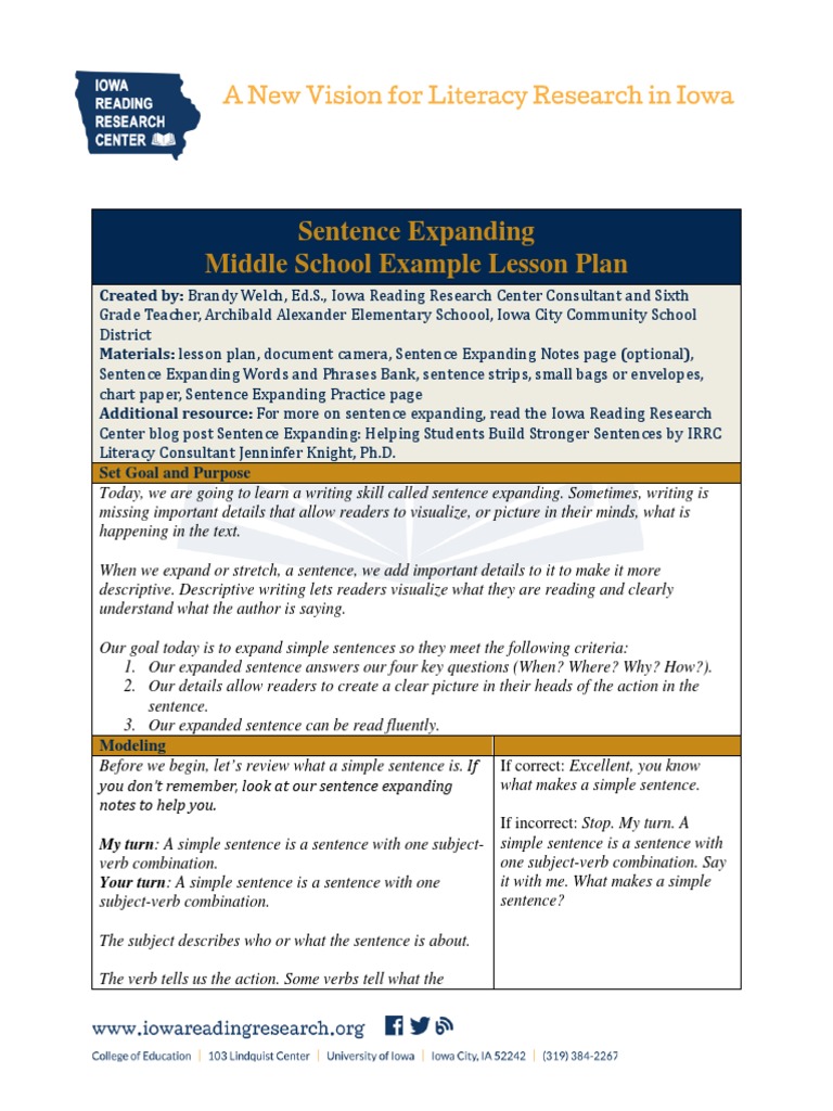 Sentence Expanding Middle School Example Lesson Plan | Download Free ...