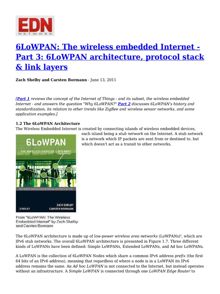 6lowpan: The Wireless Embedded Internet - Part 3: 6lowpan Architecture, Protocol Stack & Link ...