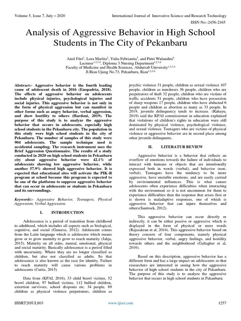 Analysis of Aggressive Behavior in High School Students in The City of ...