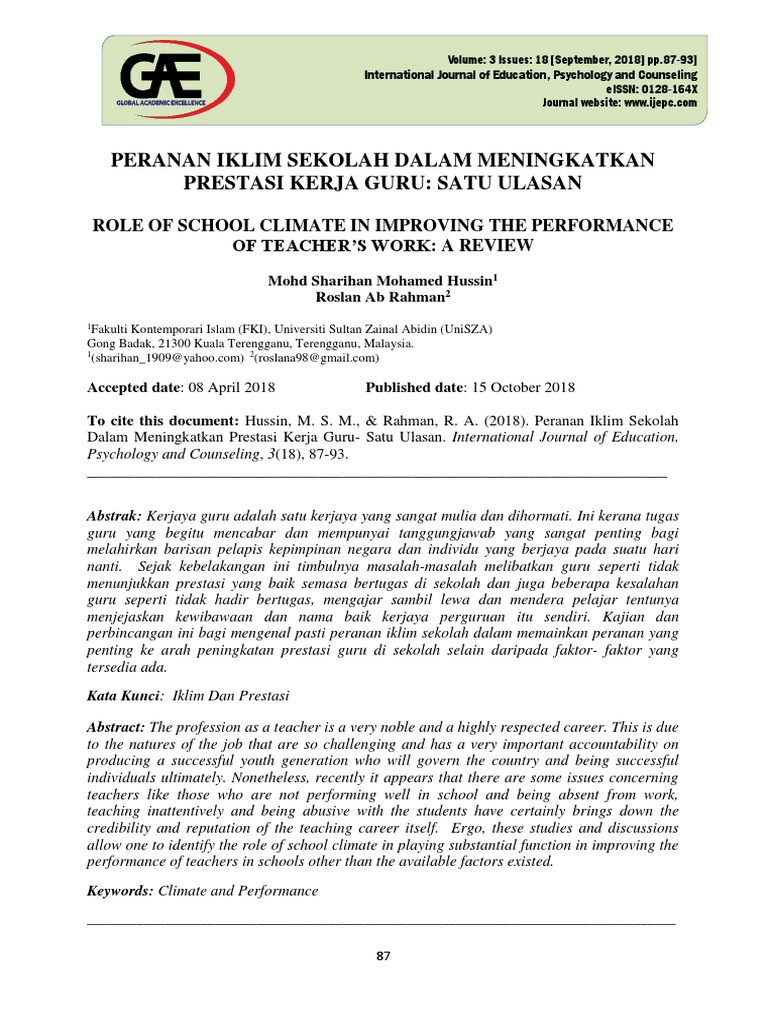 Peranan Iklim Sekolah Dalam Meningkatkan Prestasi Kerja Guru: Satu ...