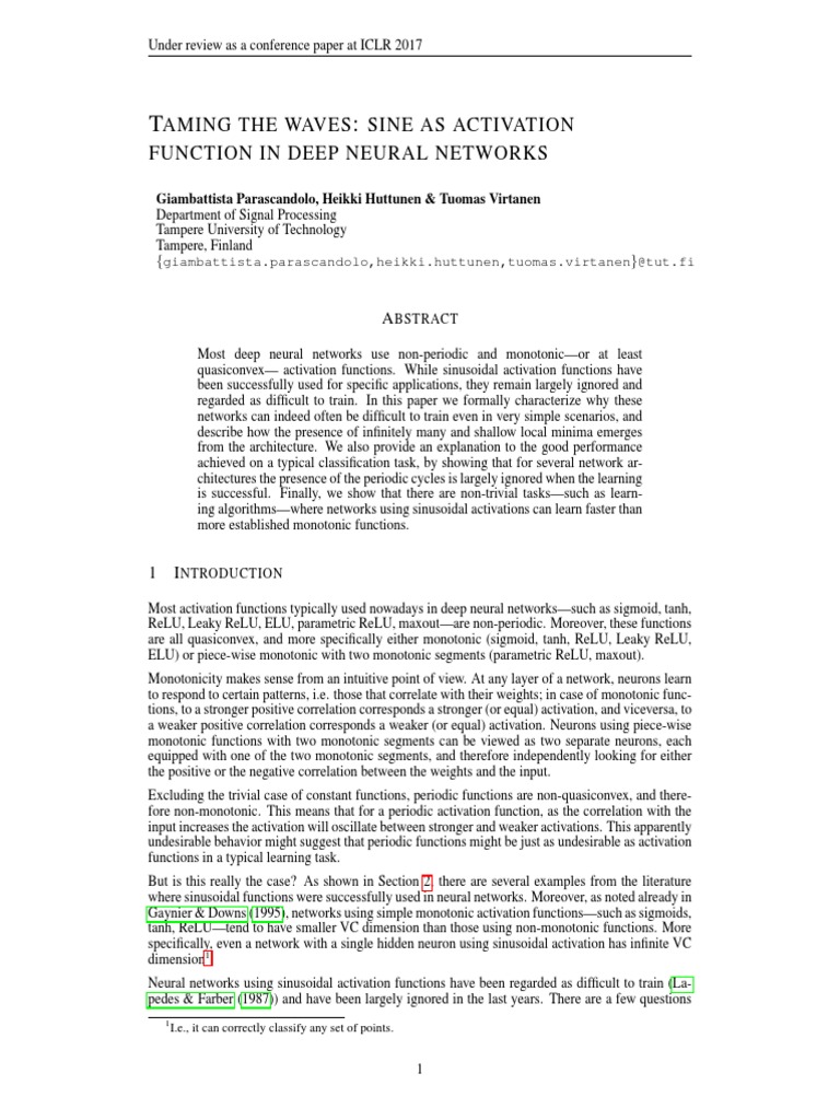 Taming The Waves Sine As Activation Function in Deep Neural - Networks PDF | PDF | Artificial ...
