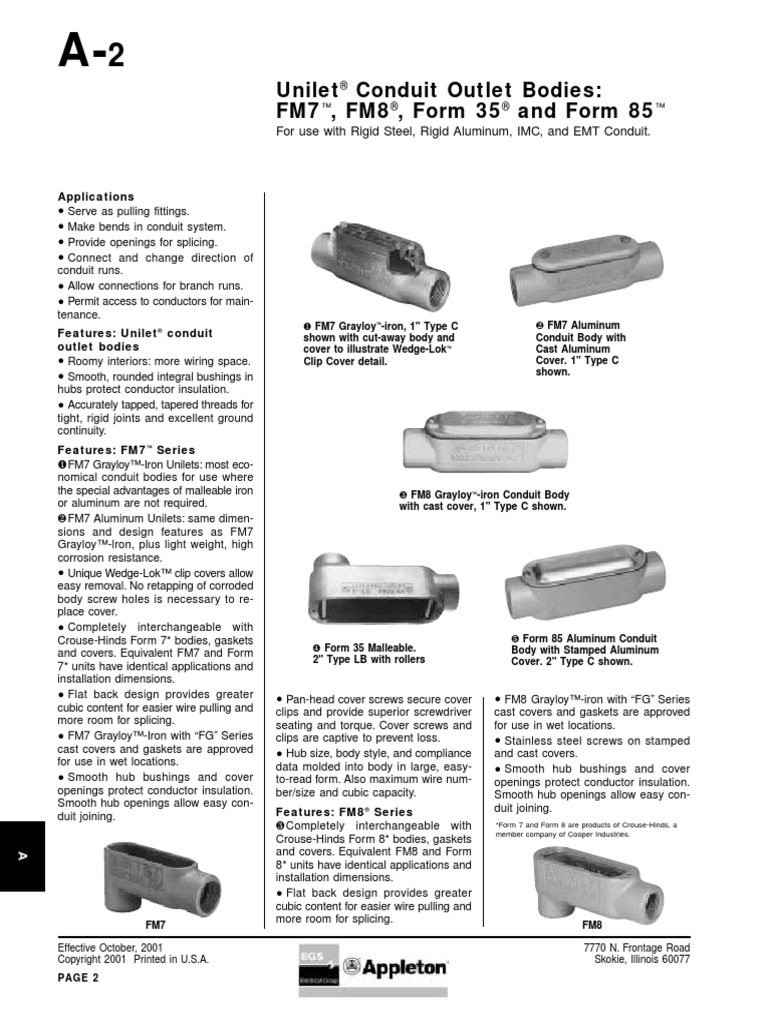 Unilet Conduit Outlet Bodies: FM7, FM8, Form 35 and Form 85 | PDF ...