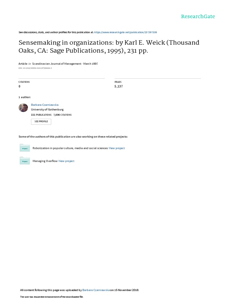 Sensemaking in Organizations: by Karl E. Weick (Thousand Oaks, CA: Sage ...
