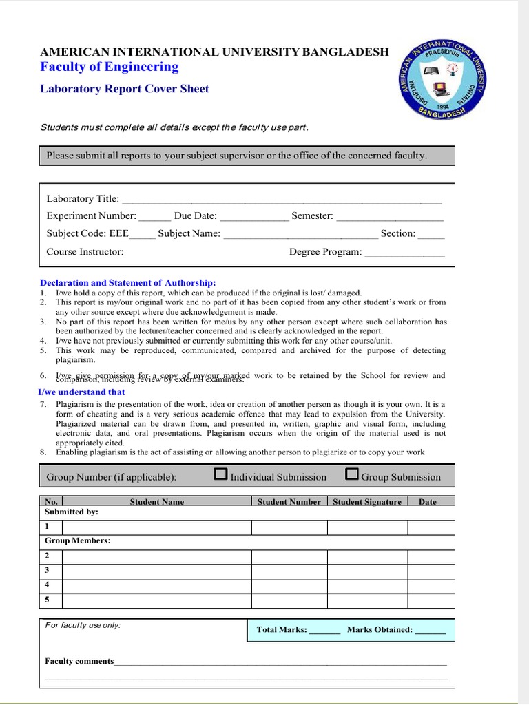 AIUB Lab Report Cover Sheet | PDF | Plagiarism | Learning