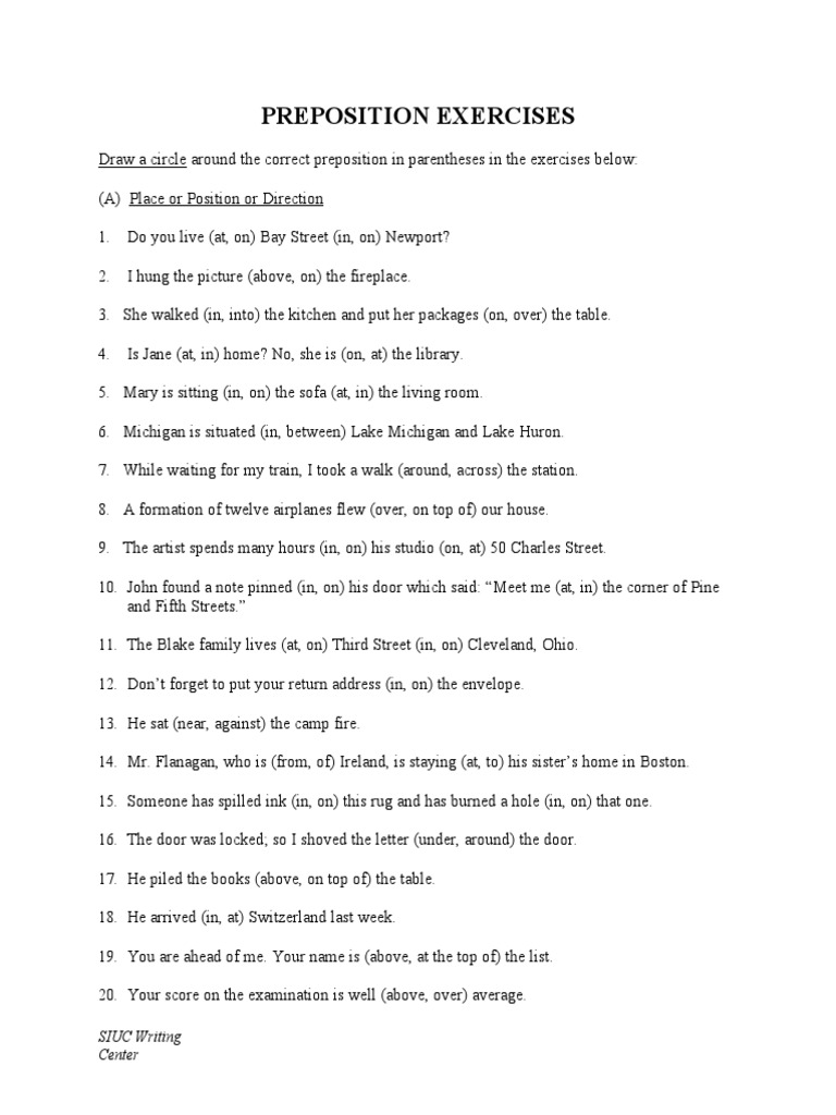 Preposition Exercises: SIUC Writing Center Write - Siuc.edu | PDF