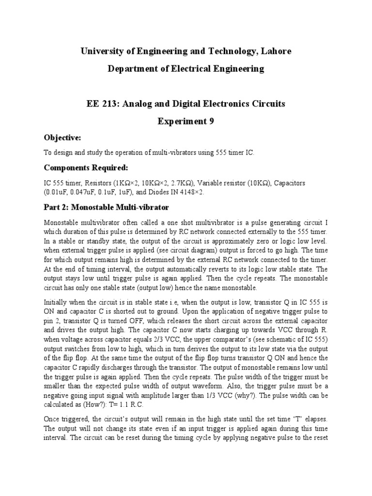 EE 213 Experiment 9: Design and Study Multi-vibrators Using 555 Timer ...