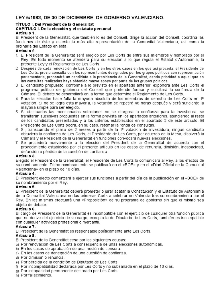Ley 5-1983, de 30 de Diciembre, Del Gobierno Valenciano | PDF ...