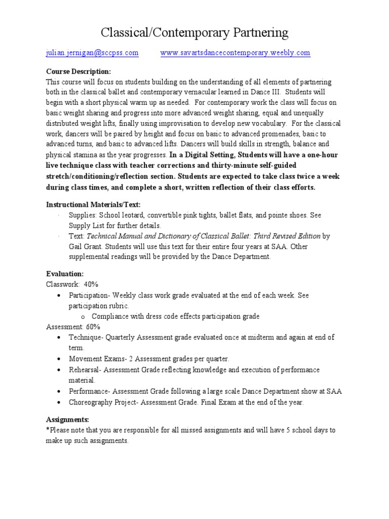 Classical Contemporary Partnering Syllabus | PDF | Dances | Ballet