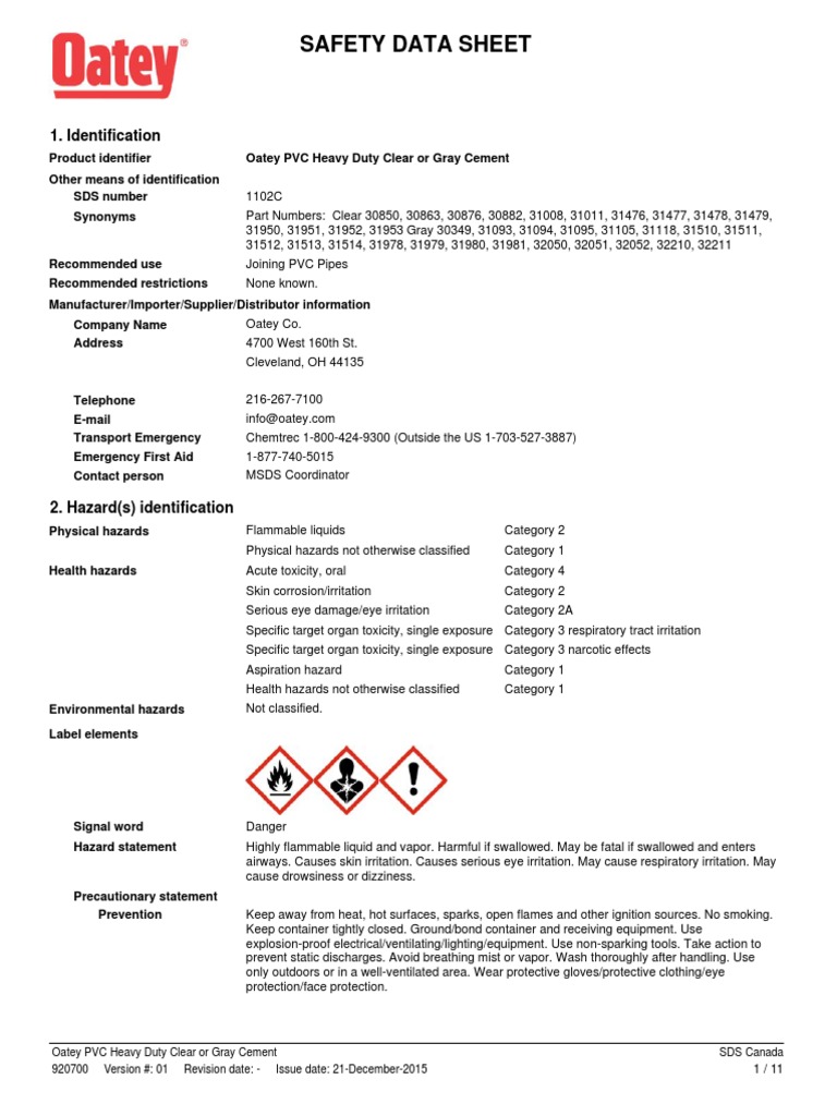 SDS Canada - Oatey PVC Heavy Duty Clear or Gray Cement PDF | PDF ...