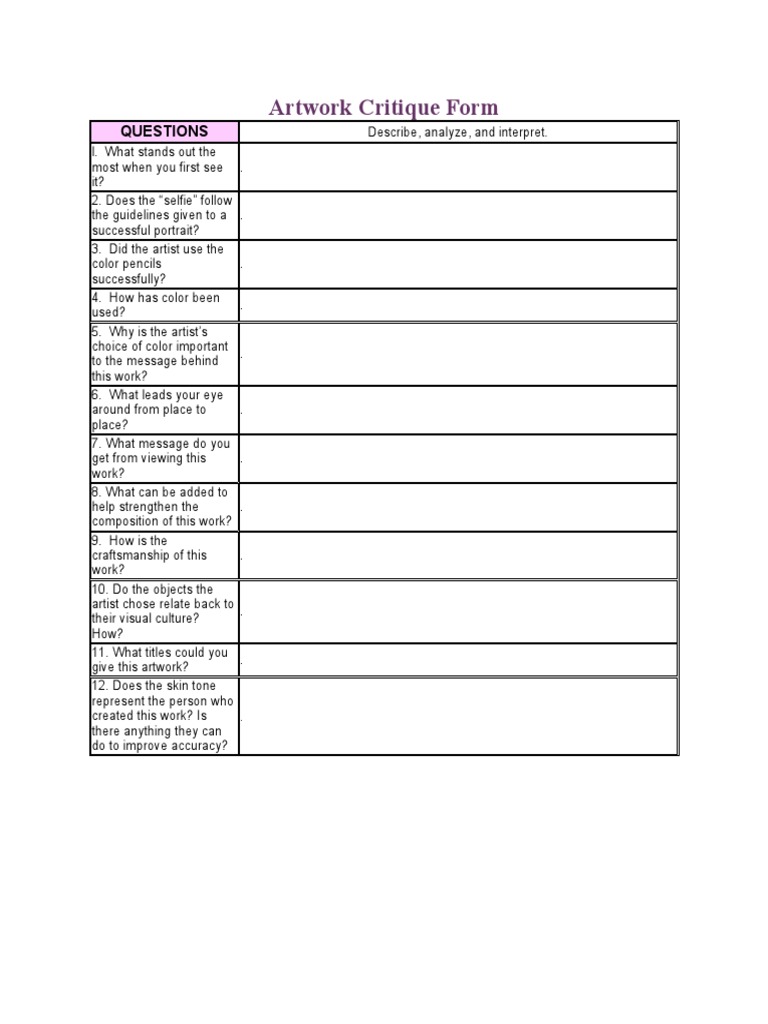 Unit One Lesson One Artwork Critique Form | PDF