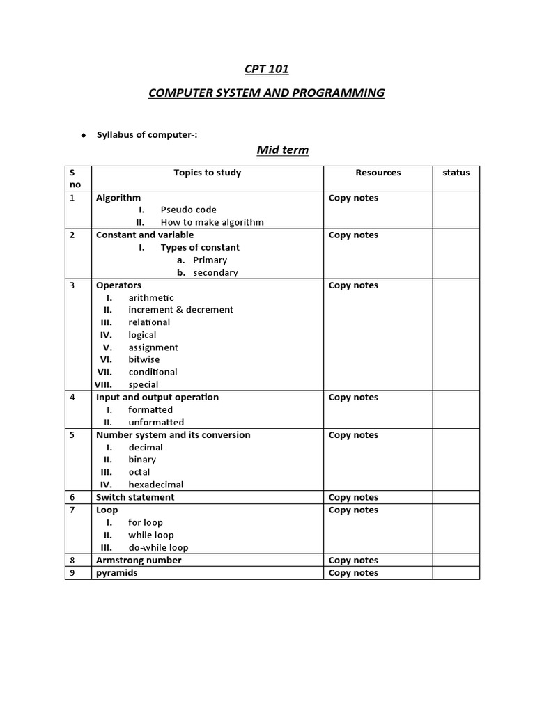 CPT 101 Computer System and Programming | PDF