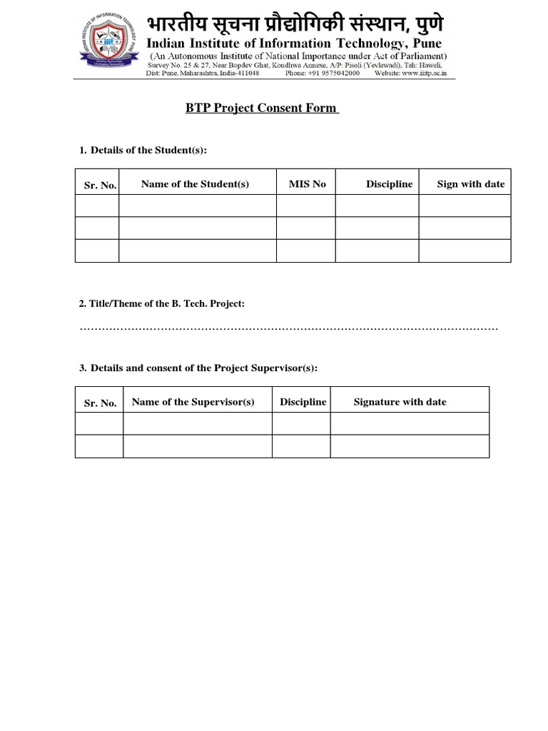 BTP Project Consent Form: Details of The Student(s) | PDF | Technology ...