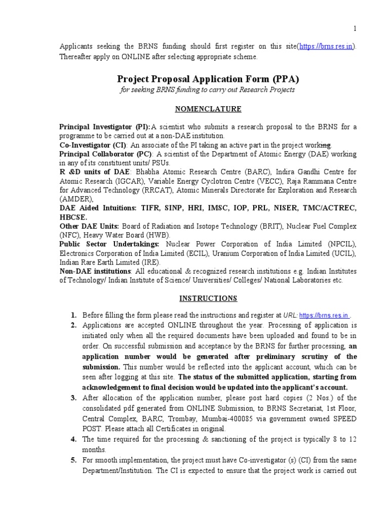 Project Proposal Application Form (PPA) : For Seeking BRNS Funding To ...