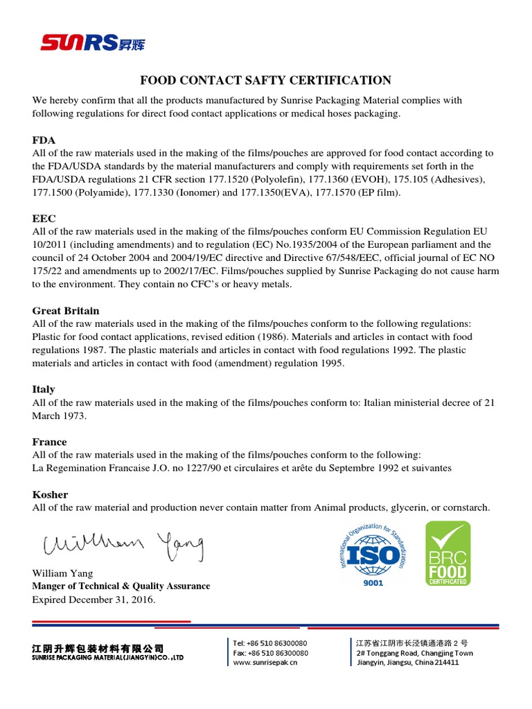 Sunrise Packaging Material's Food Contact Safety Certification ...