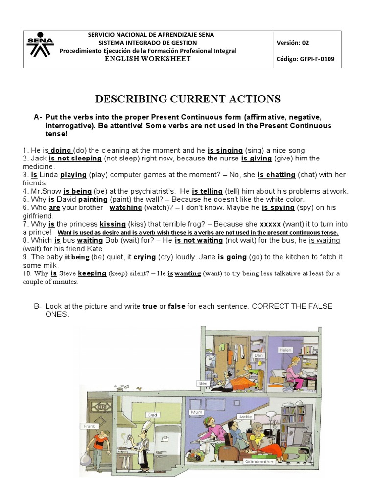 Describing Current Actions: English Worksheet | PDF