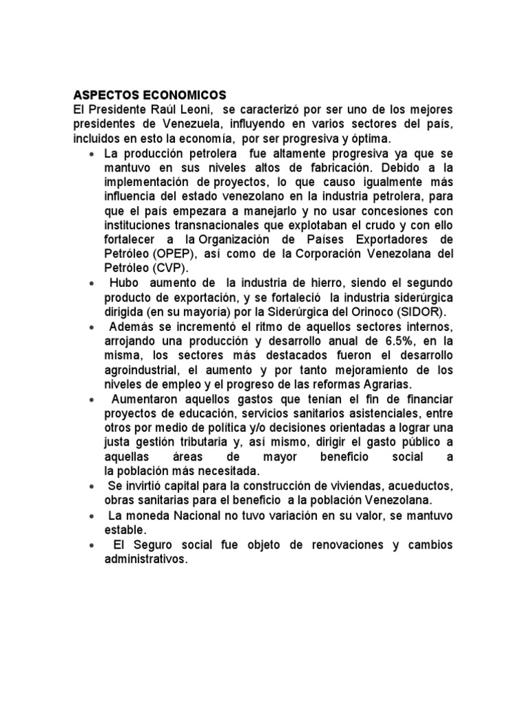 ASPECTOS ECONOMICOS de Raul Leoni | PDF