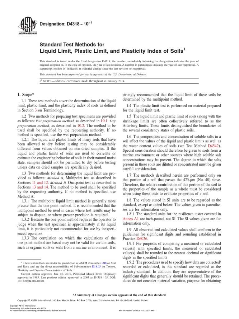 Liquid Limit, Plastic Limit, and Plasticity Index of Soils: Standard ...