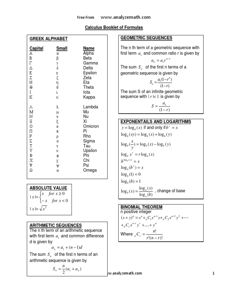 Calculus Booklet PDF | PDF | Greek Alphabet | Mathematical Analysis