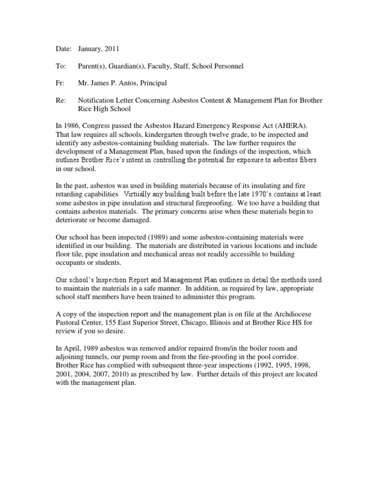 Asbestos Management Notification for Parents | PDF