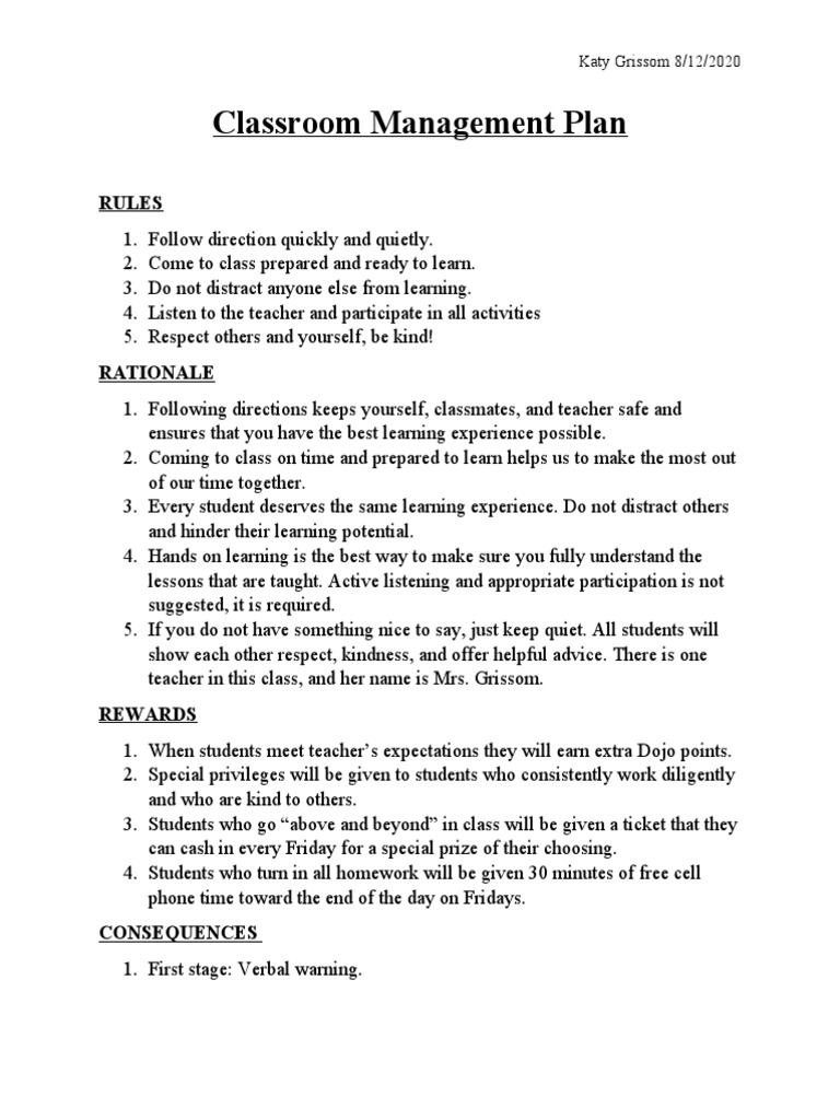 Classroom Management Plan | Download Free PDF | Classroom Management ...