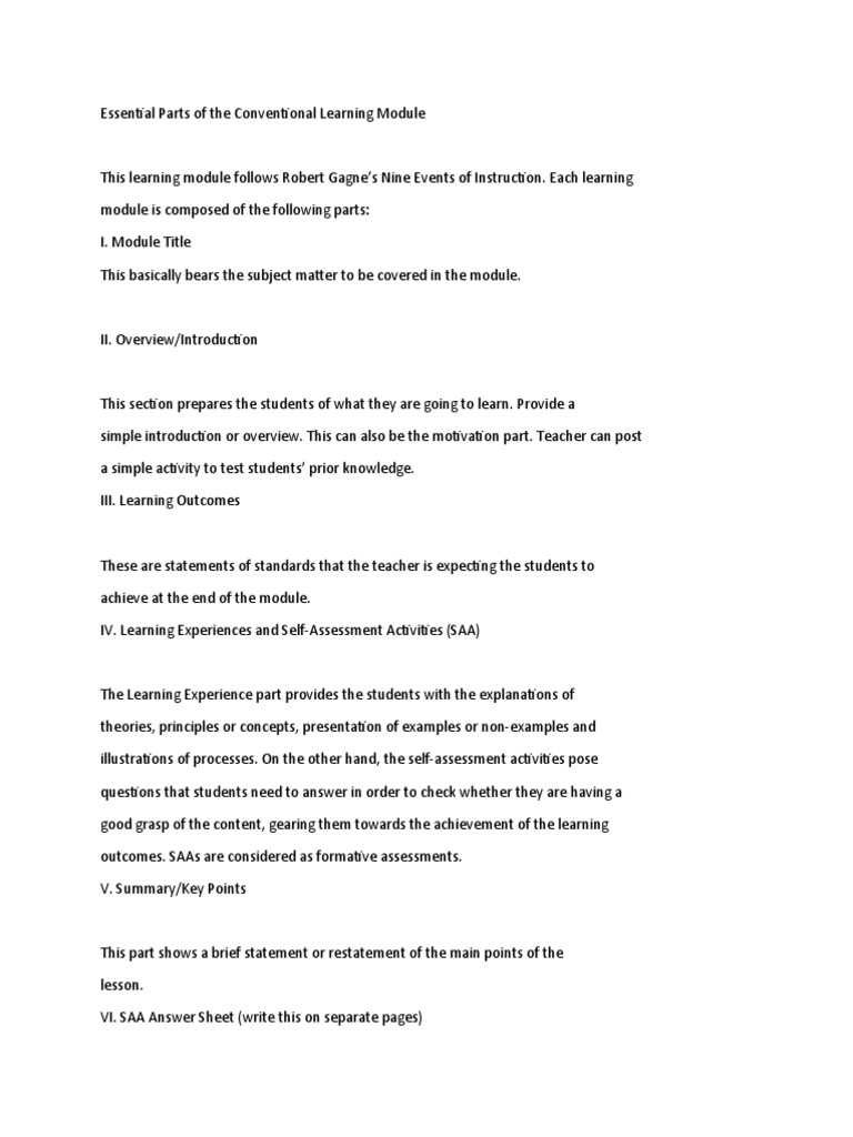 Essential Parts of The Conventional Learning Module | PDF | Educational ...