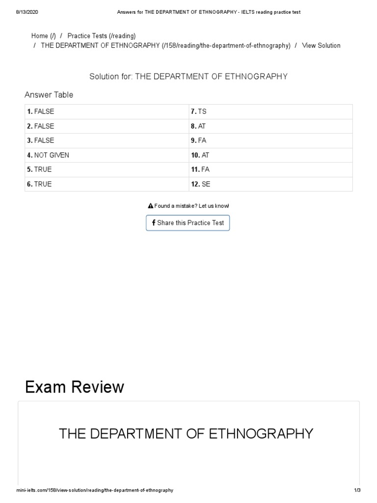 Answers For THE DEPARTMENT OF ETHNOGRAPHY - IELTS Reading Practice Test ...