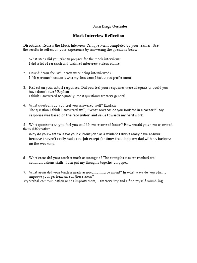 Lesson 9 Mock Interview Reflection | PDF