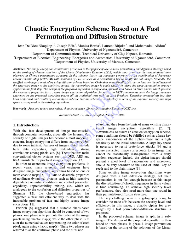 Chaotic Encryption Scheme Based On A Fast Permutation and Diffusion Structure | PDF ...