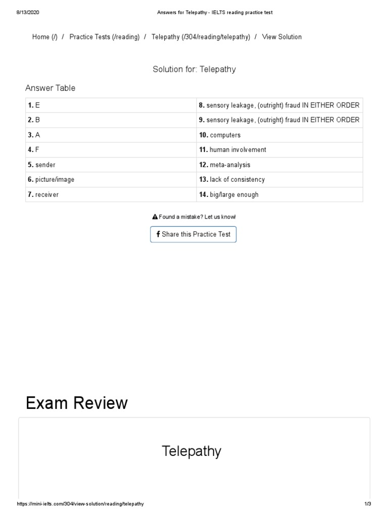 Answers For Telepathy - IELTS Reading Practice Test | PDF | Telepathy ...