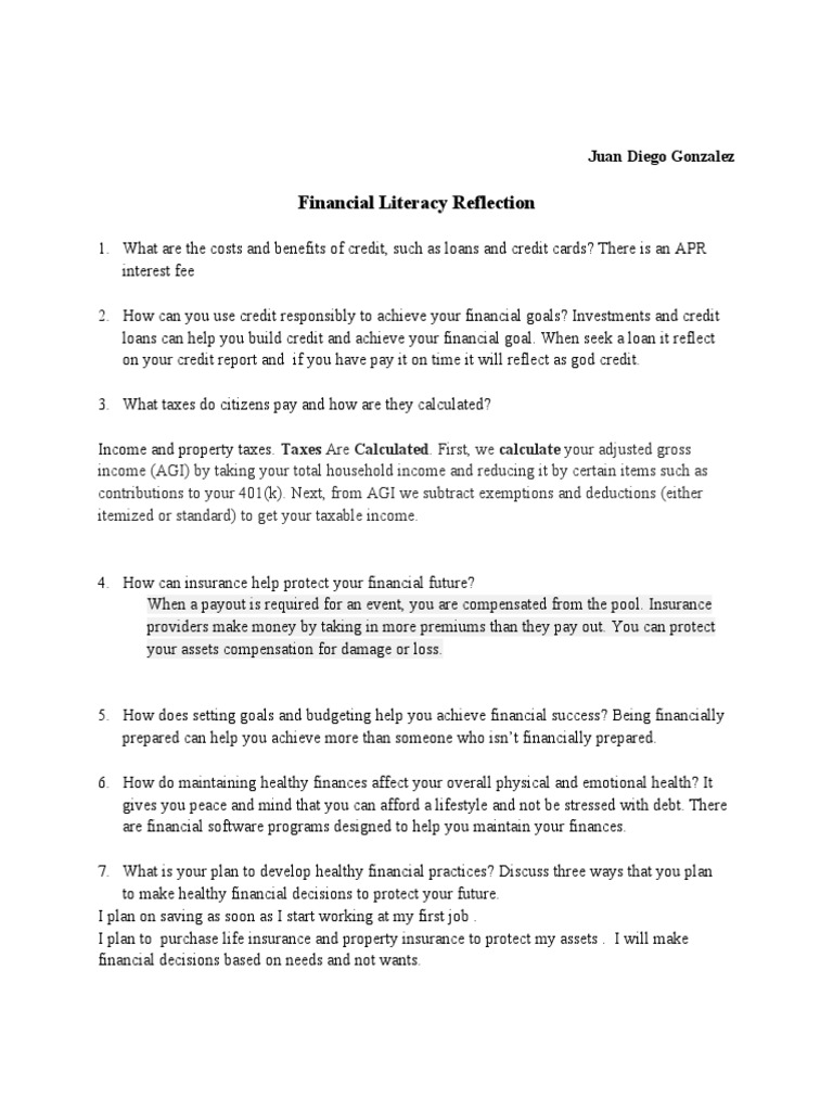 Lesson 14 Financial Literacy Reflection | PDF
