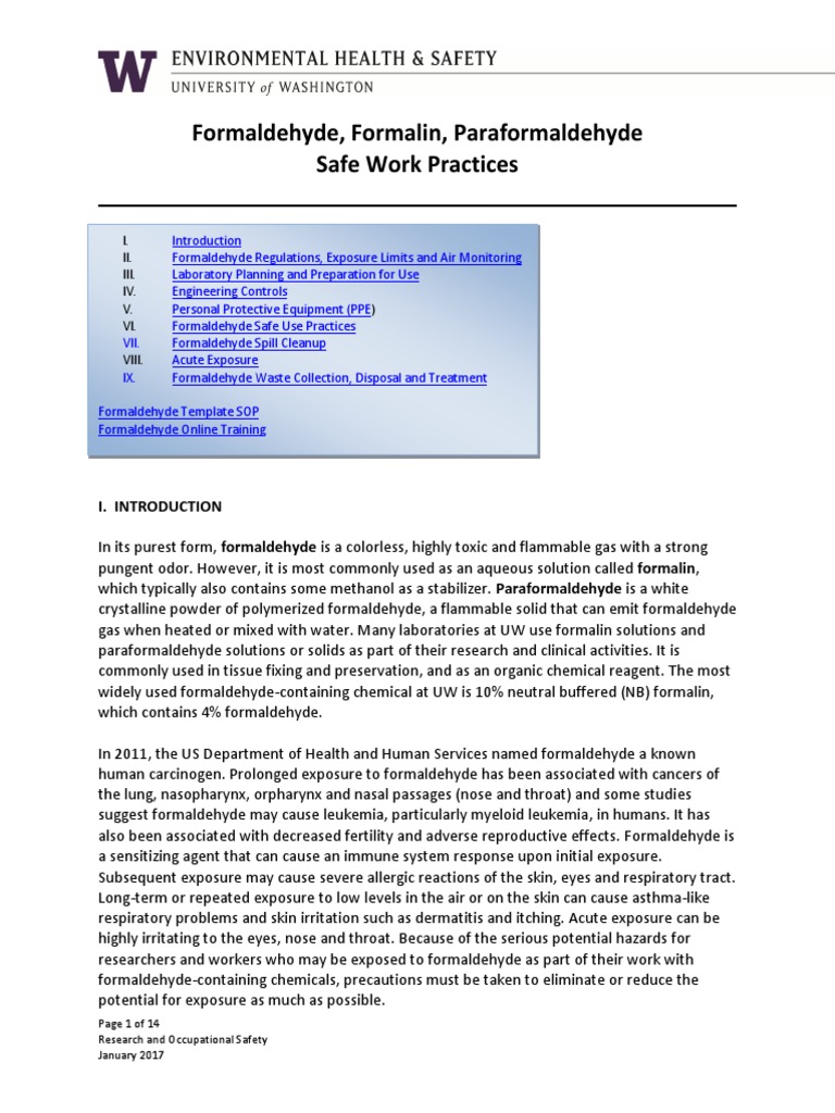 Formaldehyde, Formalin, Paraformaldehyde Safe Work Practices | Download ...