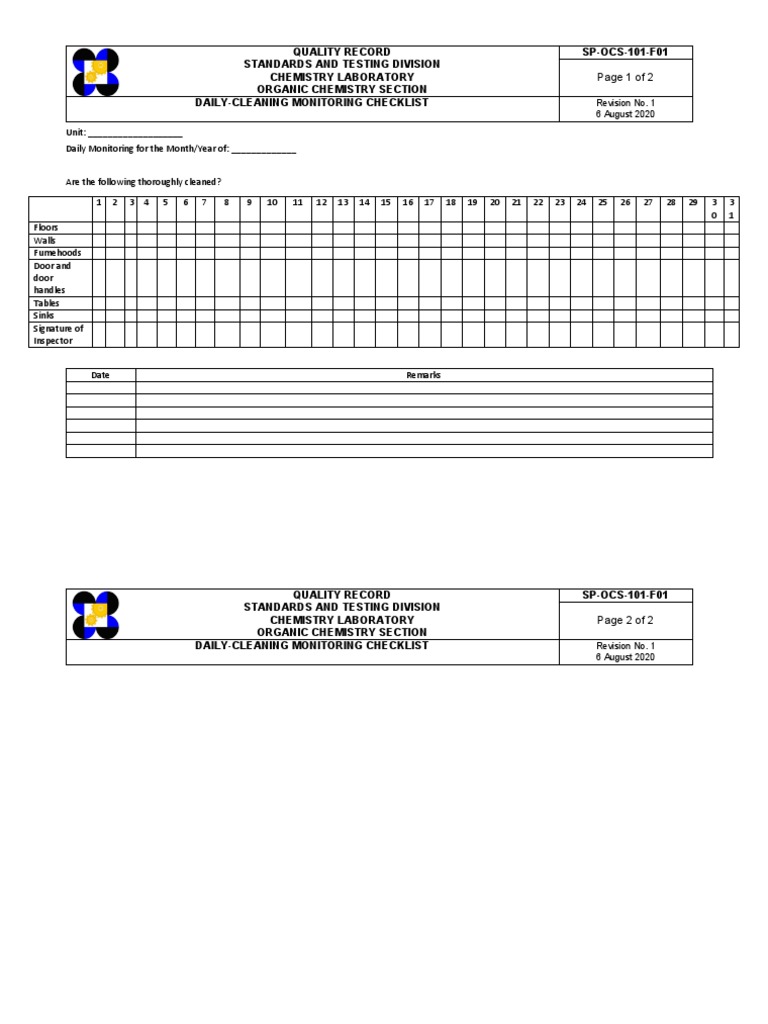 SP-OCS-101-F1 Daily Laboratory Cleaning Sheet | PDF