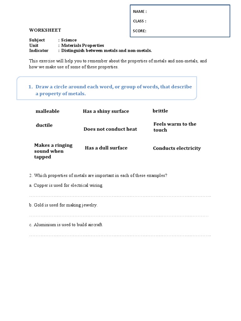 Metals vs Non-Metals Properties Worksheet | PDF | Technology & Engineering
