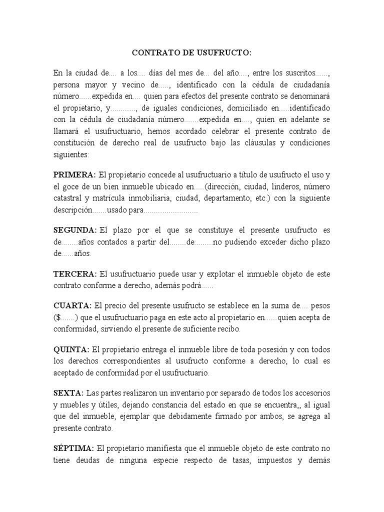 Contrato de Usufructo Modelo. | Descargar gratis PDF | Ley de Propiedad | Propiedad