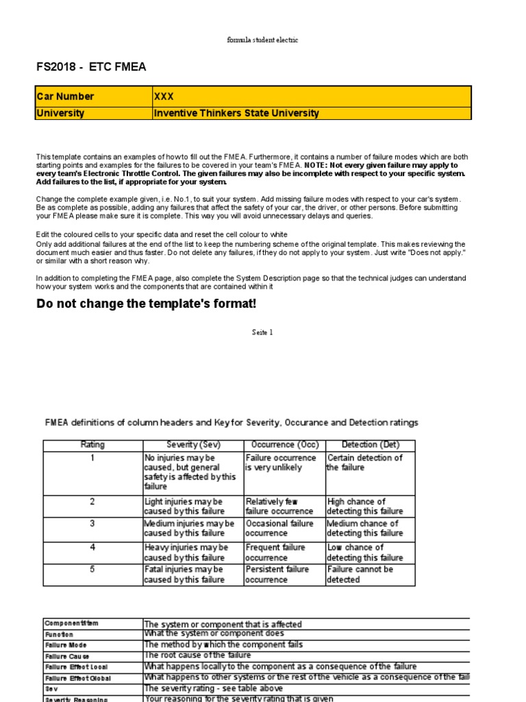 Fs2018 - Etc Fmea: Do Not Change The Template's Format! | PDF ...